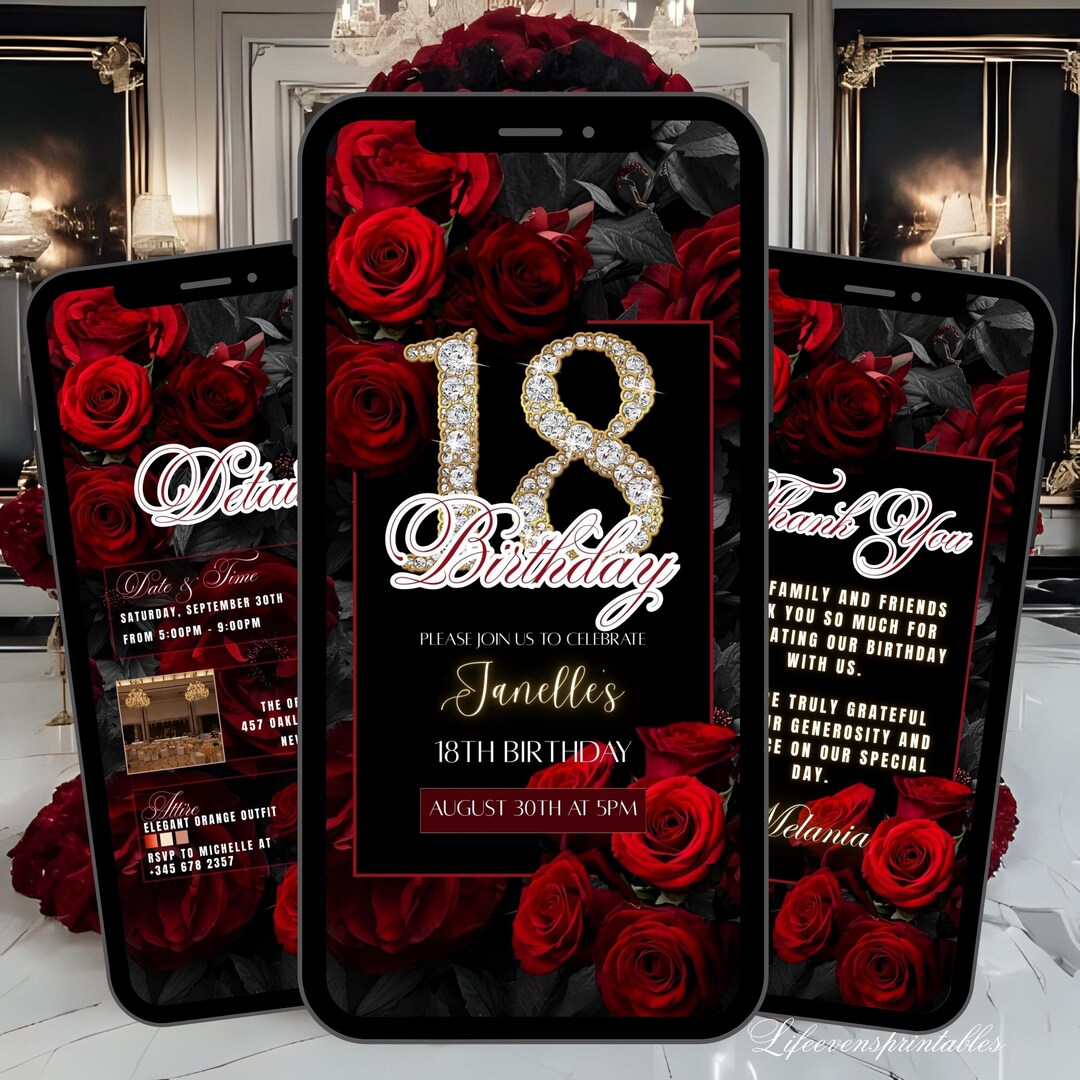 18TH Floral Birthday Invitation Template RED, Eighteenth Roses Digital ...