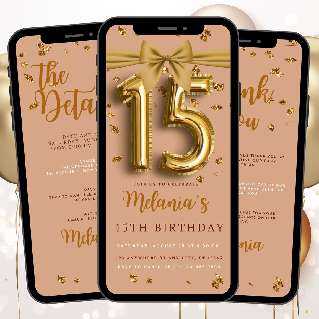 Digital Brown Gold 15th Birthday Invitation Template Minimal for Girls ...