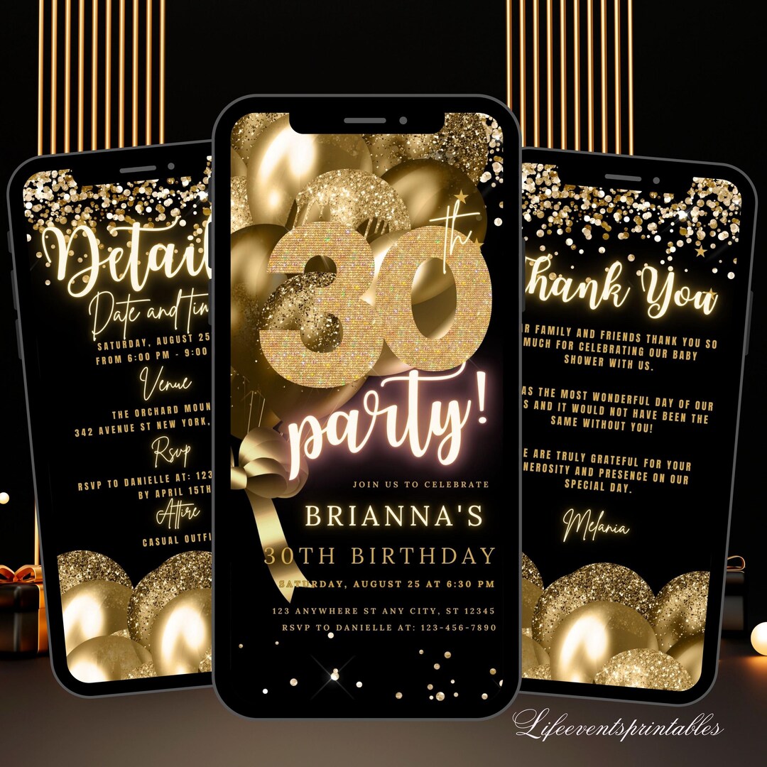 Digital 30TH Birthday Invitation Template Gold, Electronic 30TH Party ...