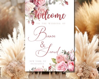 Wedding Welcome Sign Template With Watercolor Blush Pink Flowers ...