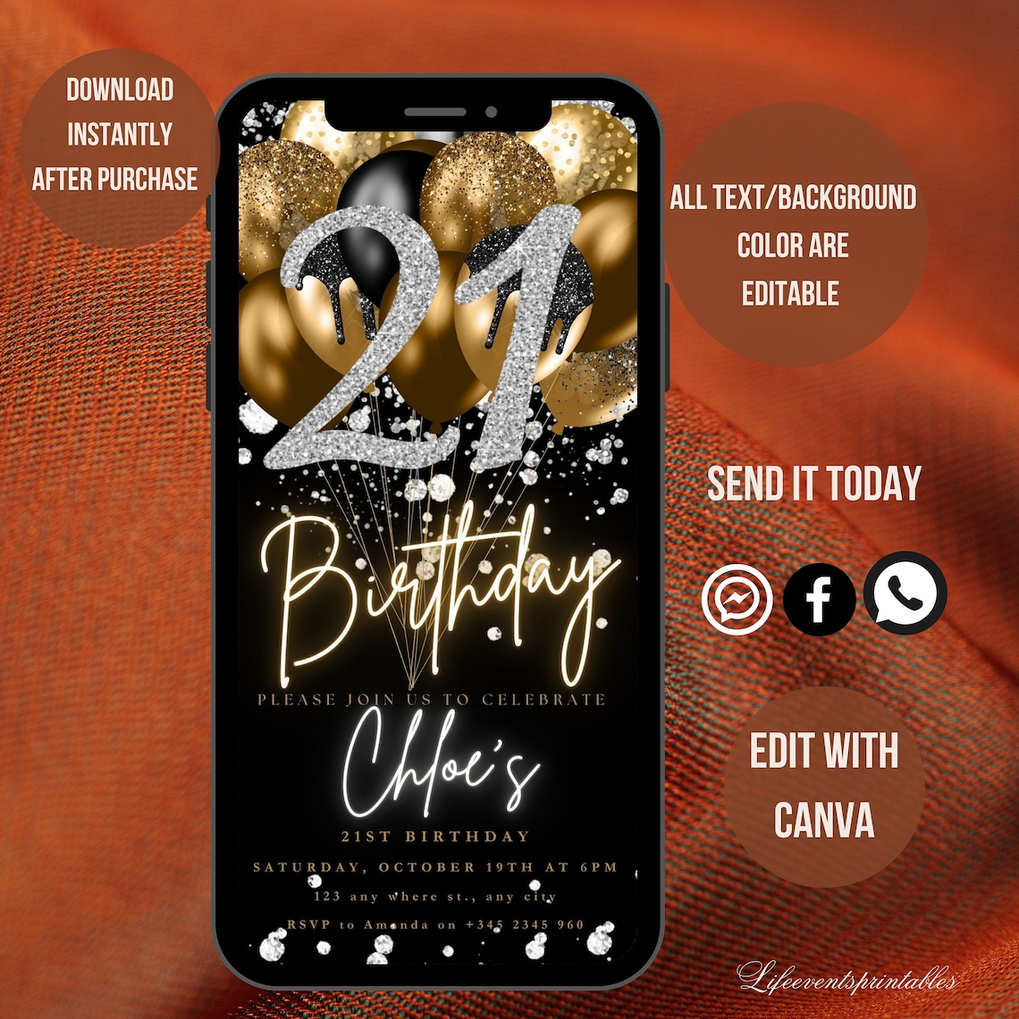 Digital Twenty One 21st Birthday Invitation Template 21th Electronic ...