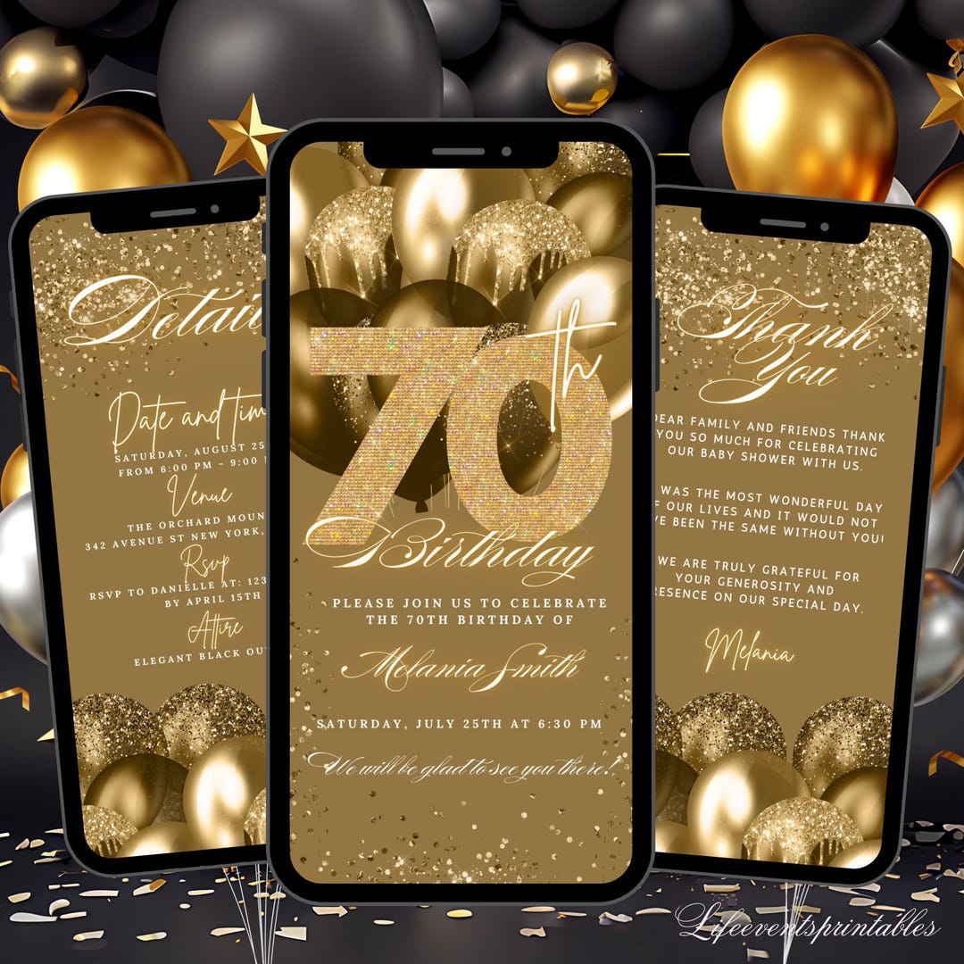 Digital 70th Birthday Invitation Template Gold, Electronic 70th Party ...