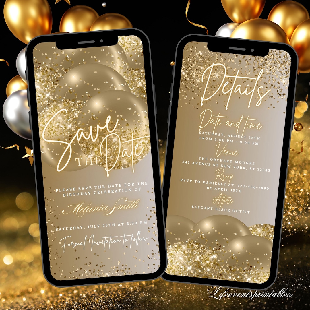 Digital Save the Date Invitation Gold, Electronic Gold Balloons ...