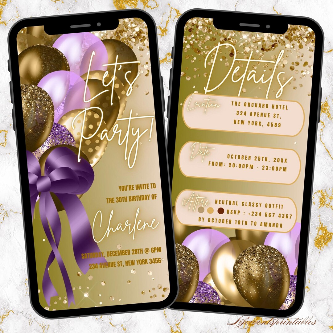 Digital Birthday Invitation Template, Electronic Birthday Invite Purple ...