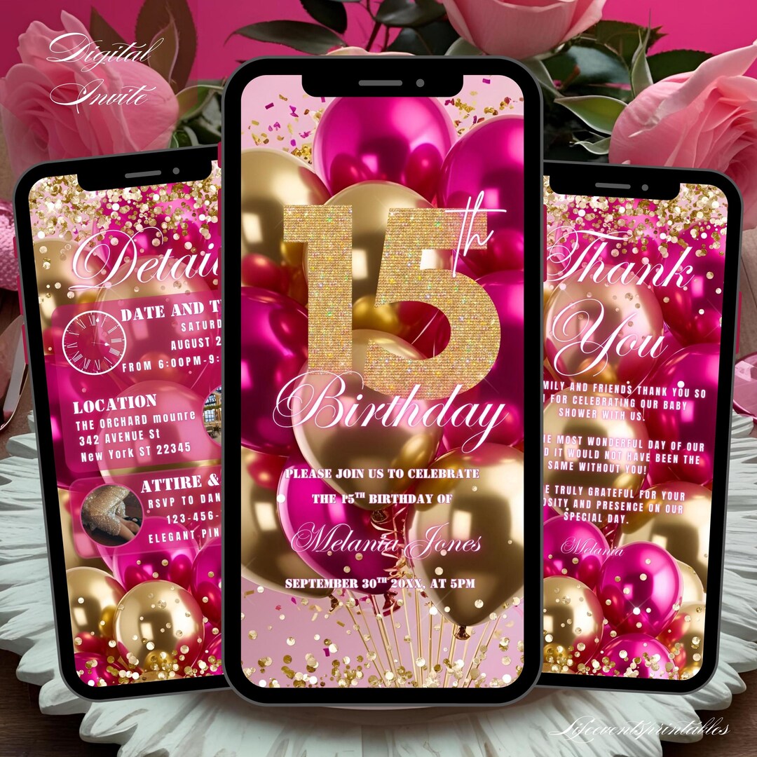 15TH Pink Birthday Invitation Editable Neon Pink Gold Animated 15th ...
