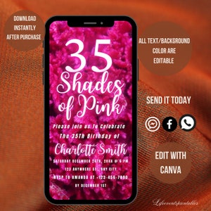 Digital Shades of Pink Birthday Invitation, Editable Hot Pink Floral ...