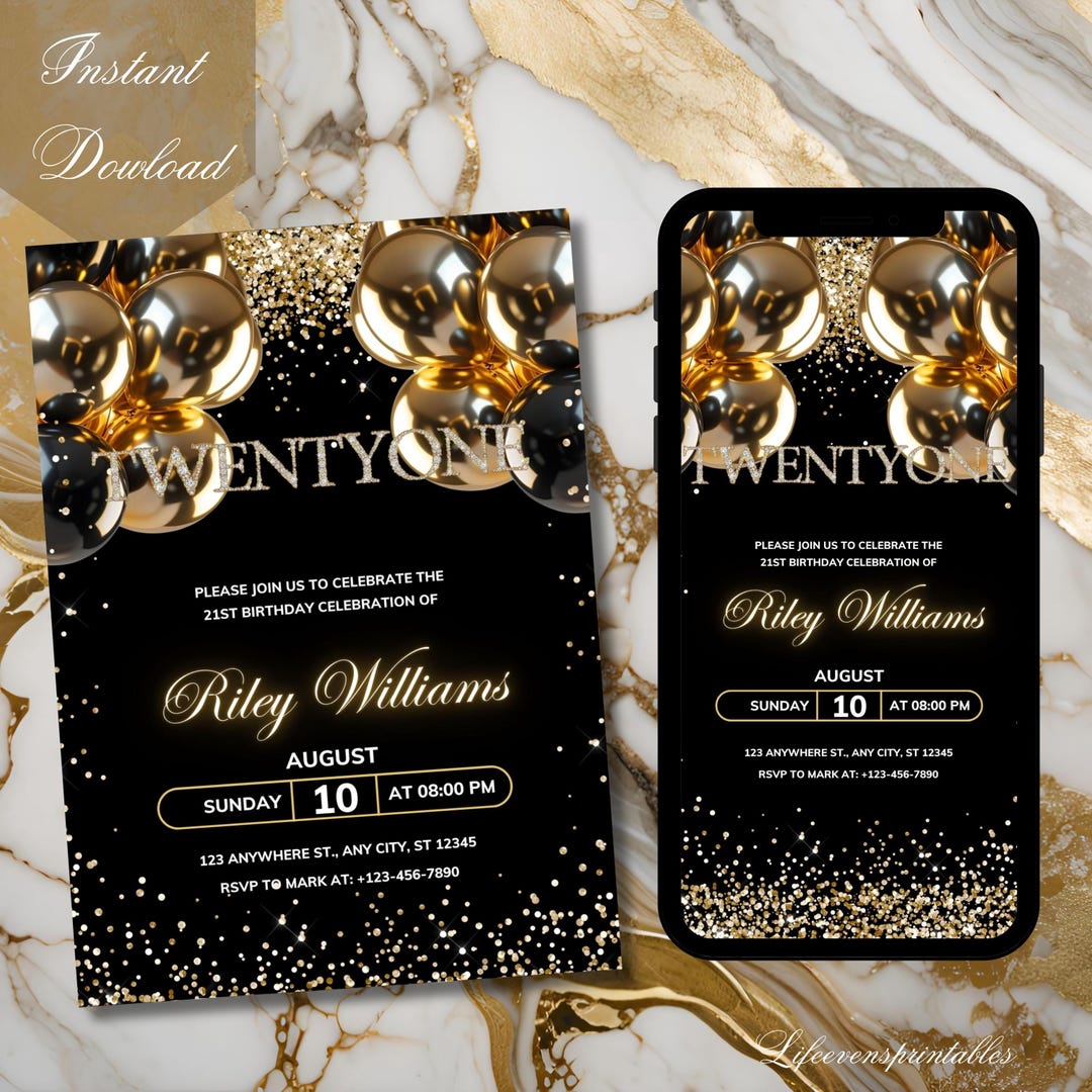 21ST Birthday Invitation Digital, Printable Black Glitter Twentyone ...