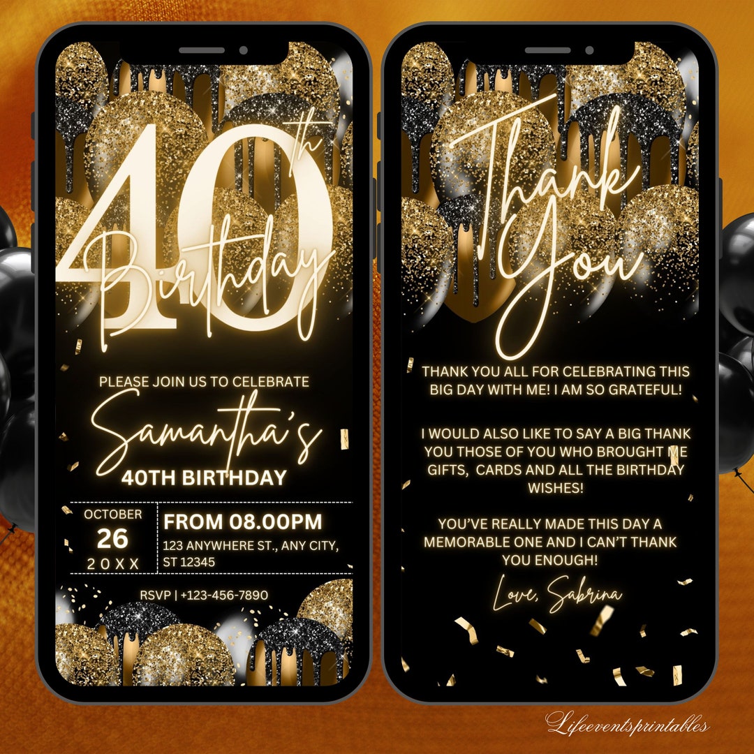 Digital 40th Birthday Invitation Template for Her Gold, Animated ...