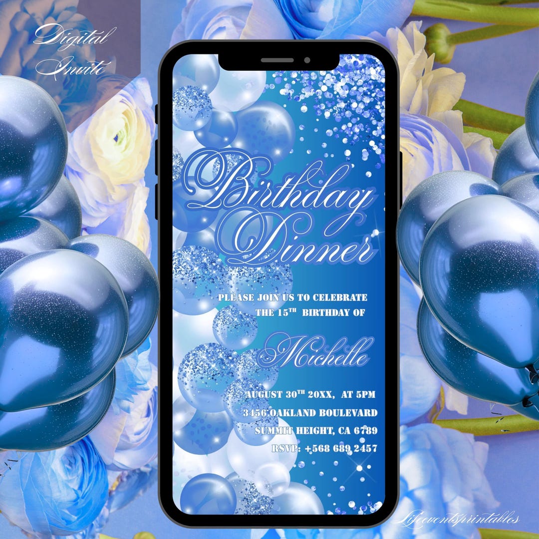 Digital Birthday Invitation Template Blue, Editable Balloon Birthday ...