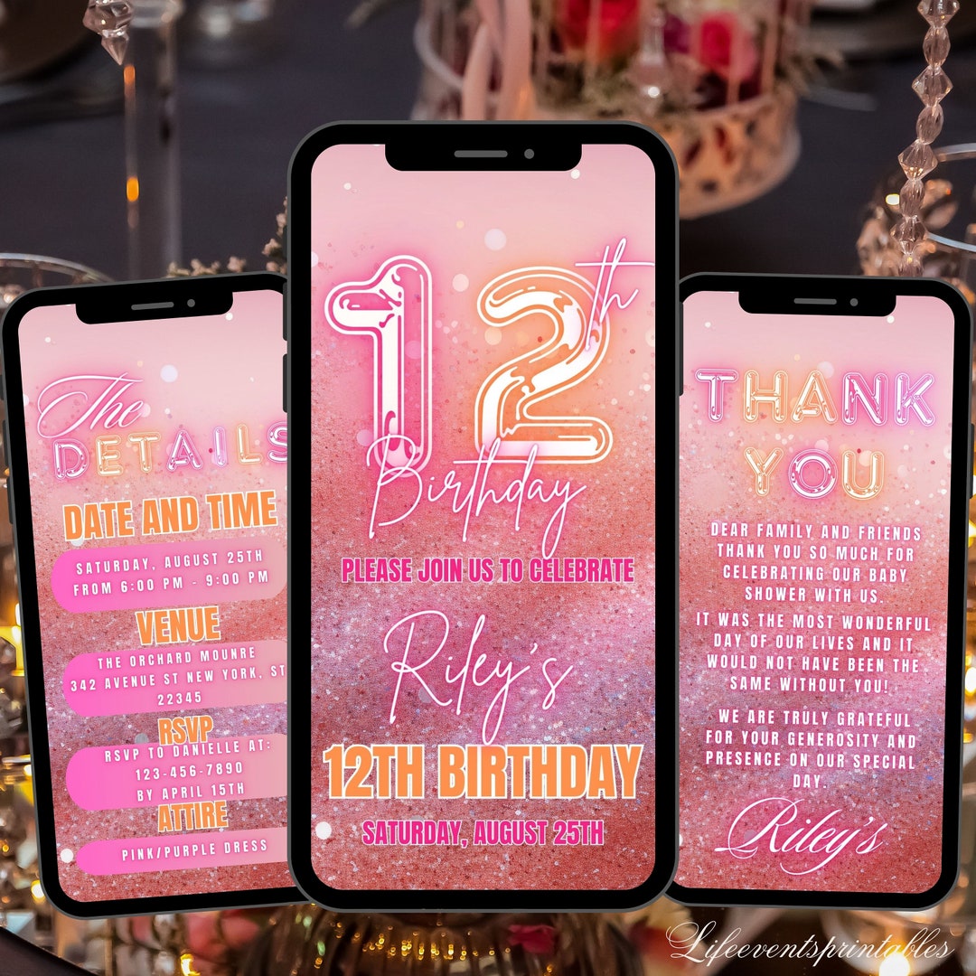 Digital 12th Birthday Invitation Template for Girls Neon Twelfth ...