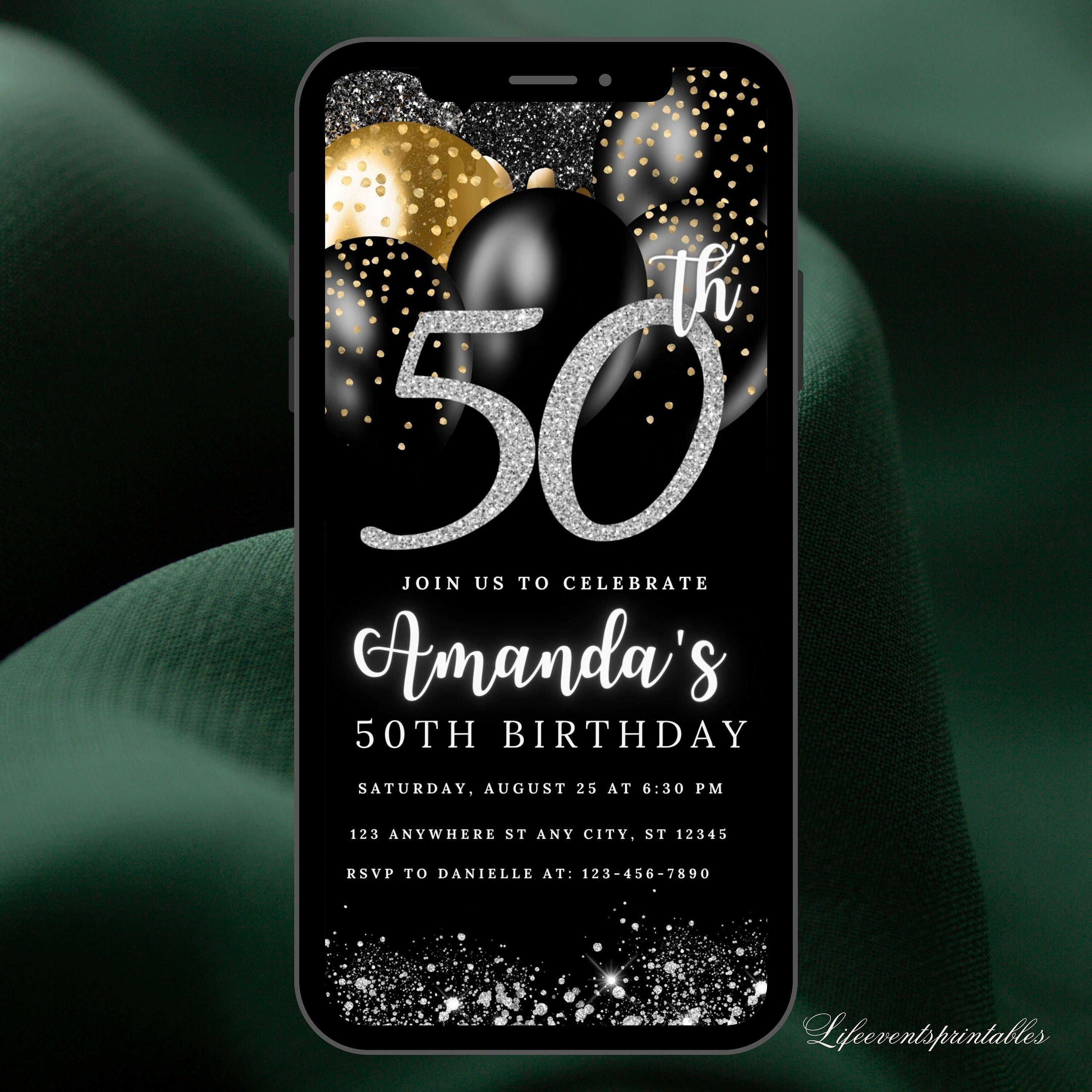 Editable 50th Birthday Invitation Template Fiftieth Black - Etsy