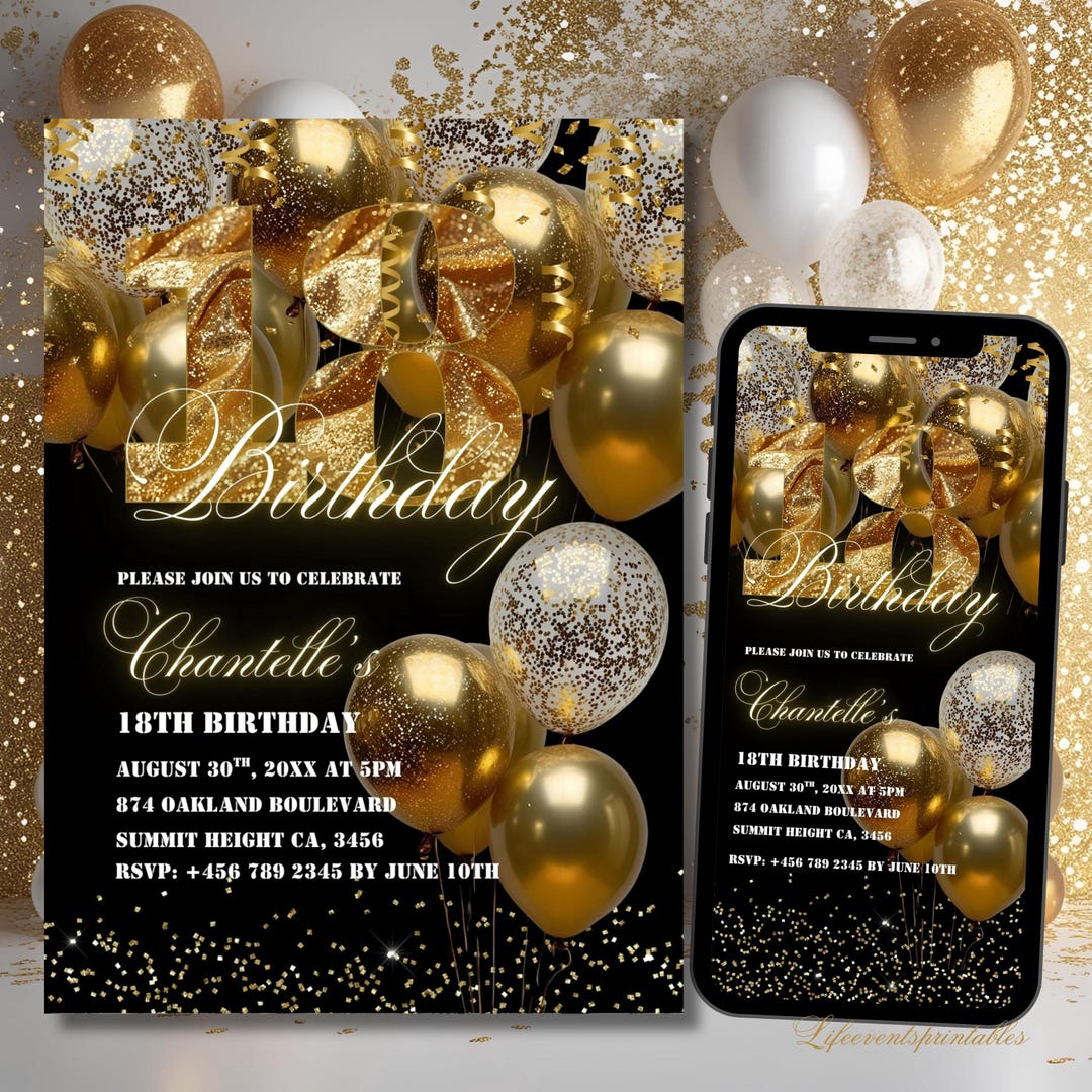 18th Birthday Invitation Digital, Printable Black and Gold Glitter ...