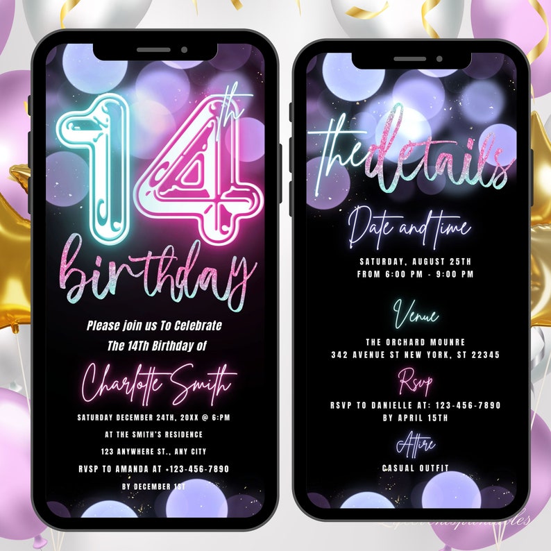Digital 14th Birthday Invitation Template for Girls Neon Fourteenth ...