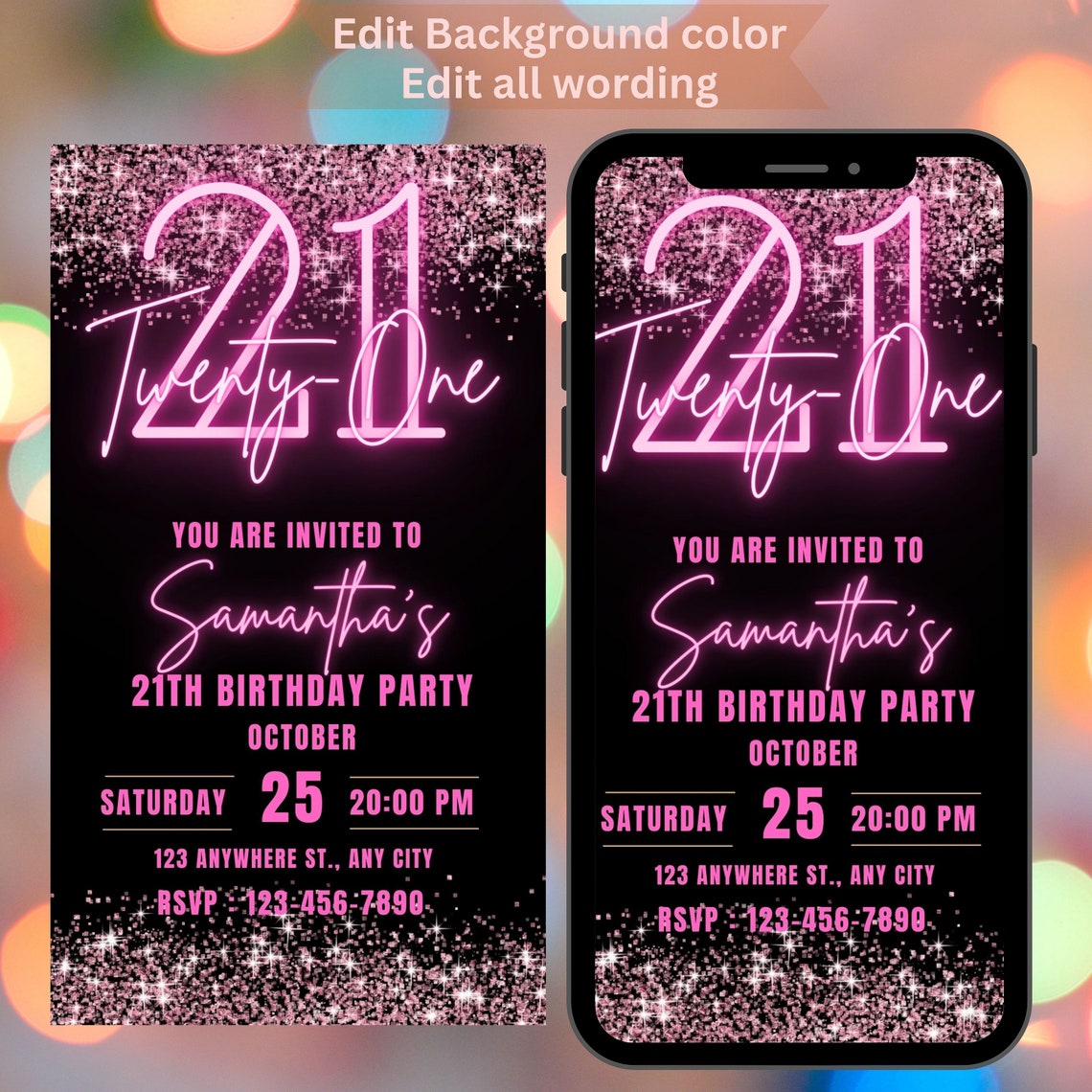 21st Birthday Invitation for Girl, Birthday Template, Glittery Bday ...