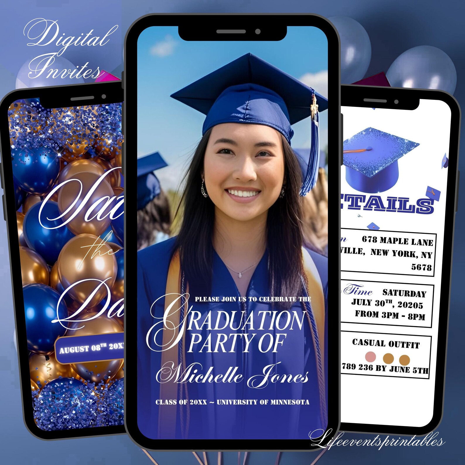 Digital Graduation Ceremony Invitation Template 2025 Blue Balloon ...