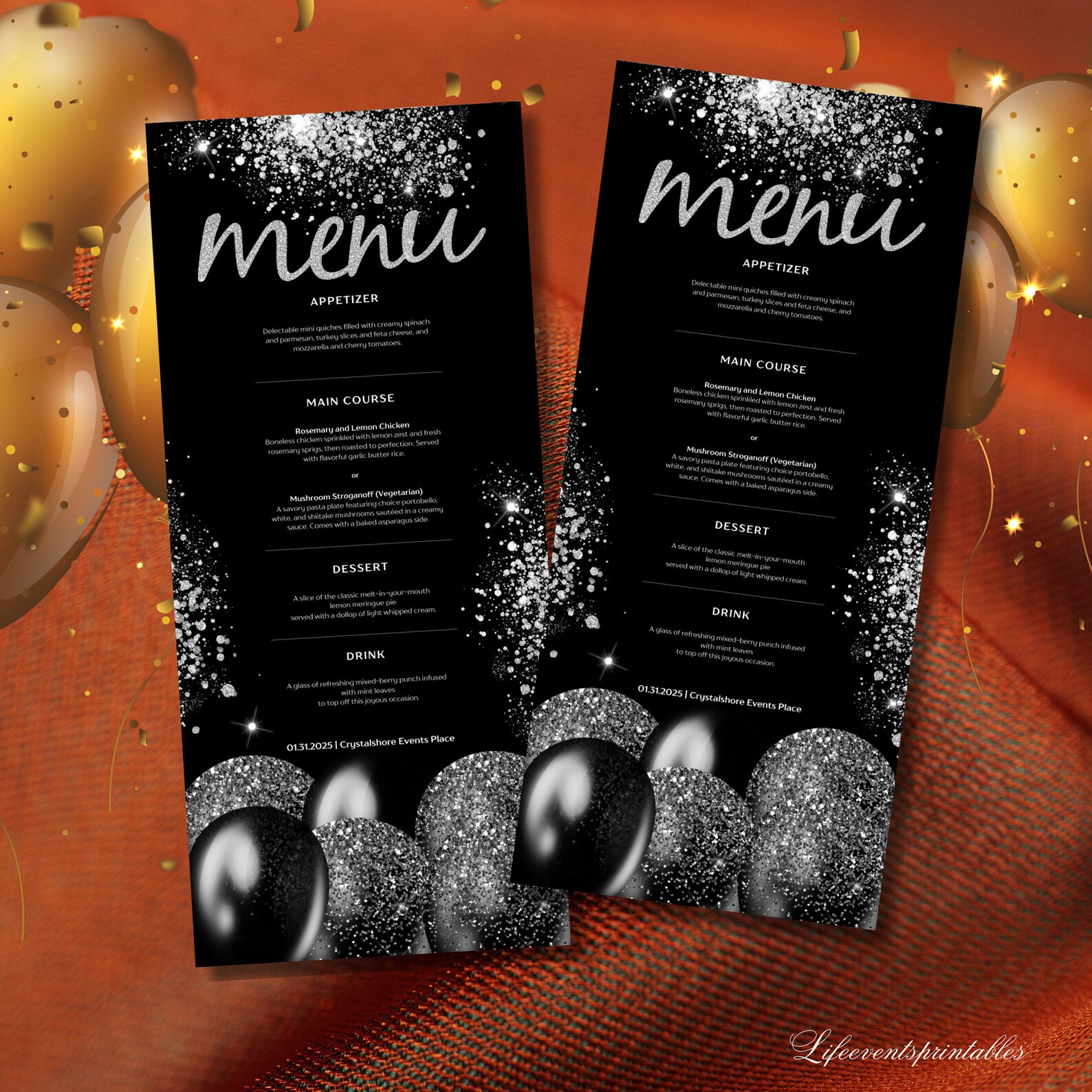 Black Balloon and Silver Menu Card Template, Editable Sparkle Menu ...
