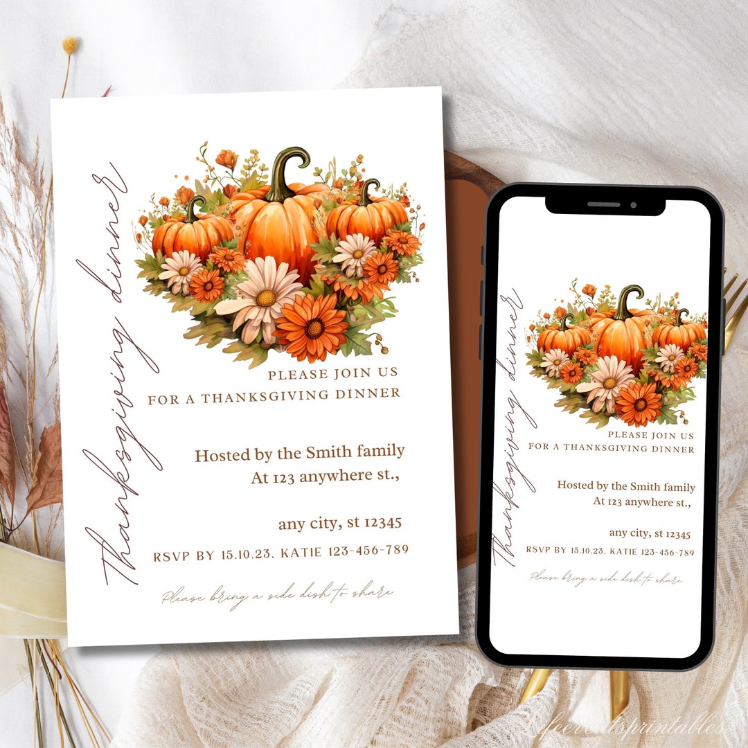 Thanksgiving Dinner Invitation Template, Editable Let's Give Thanks ...