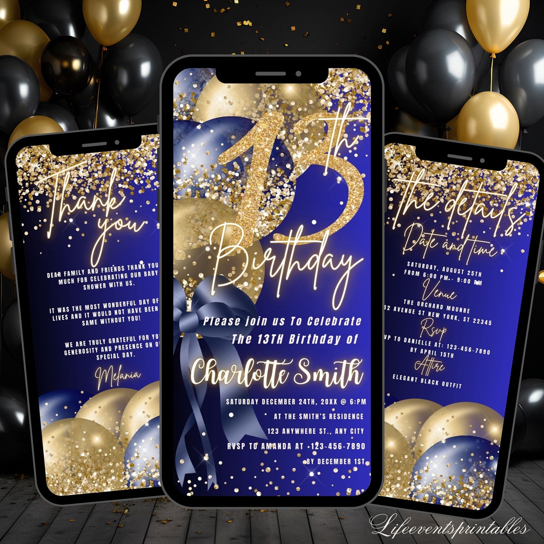 13TH Digital Navy Gold Birthday Party Invitation, Thirteenth Electronic ...