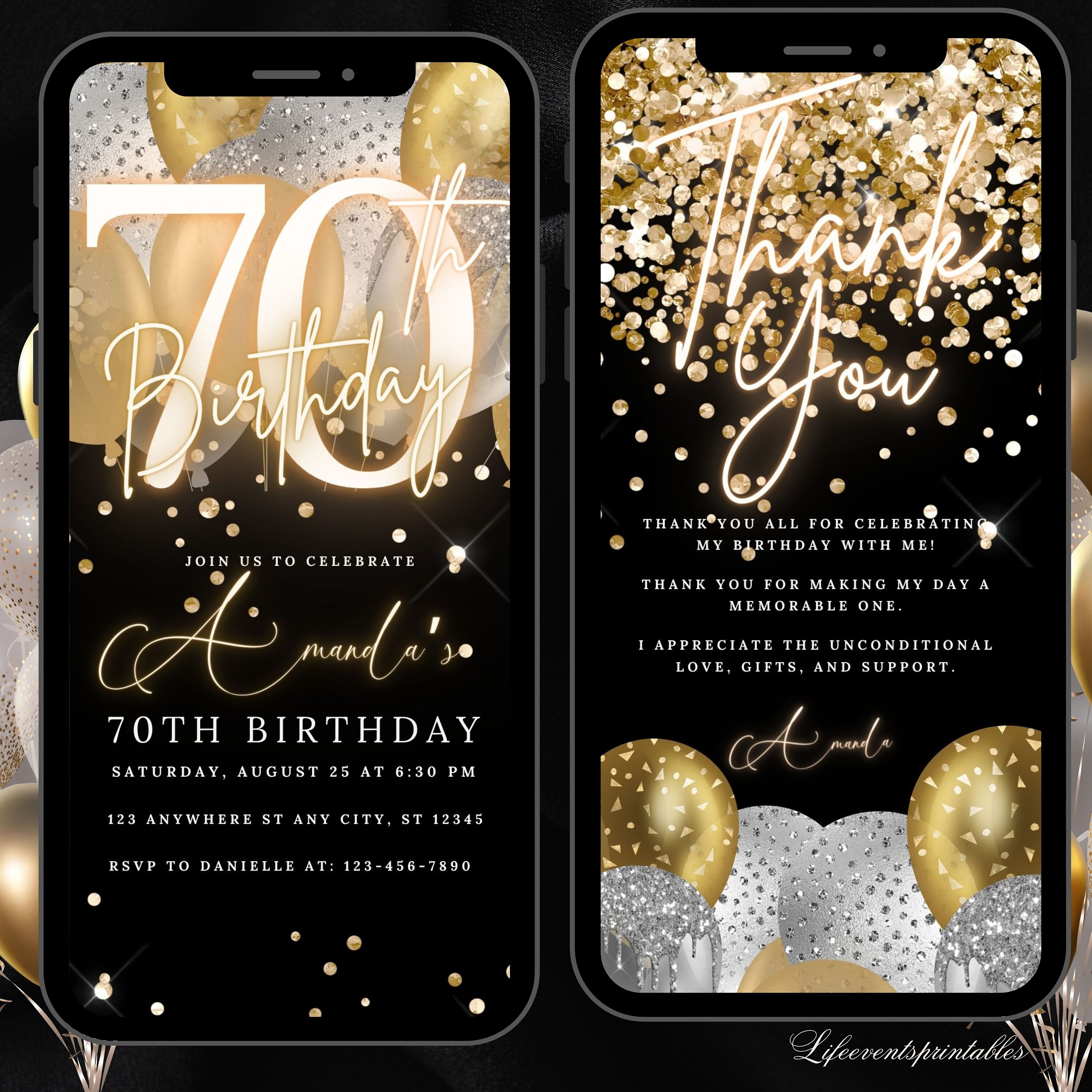 Digital Seventieth Birthday Invitation Template 70th Electronic ...