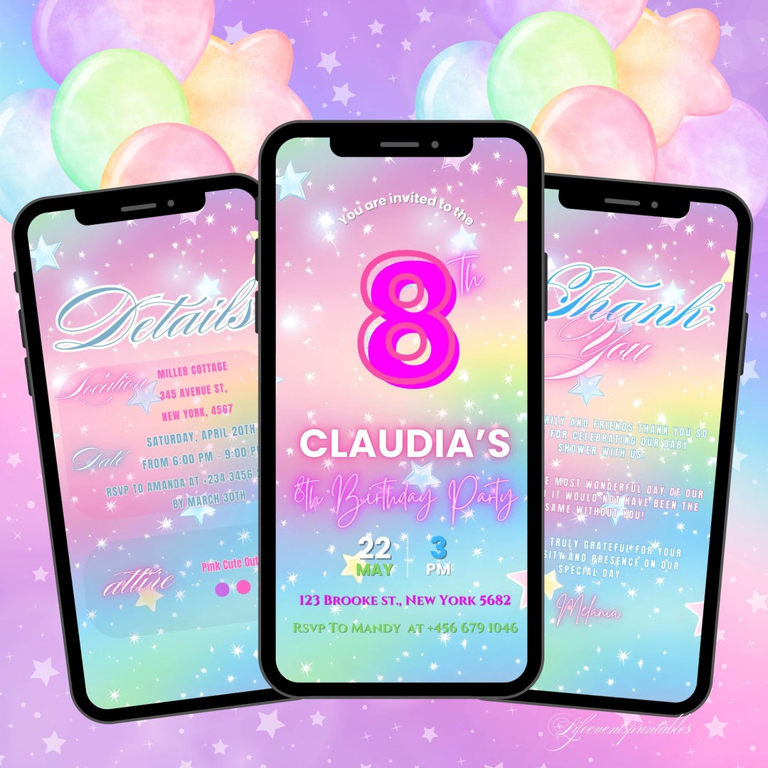 Digital 8th Birthday Invitation Template Animated, Pastel Eight Year ...