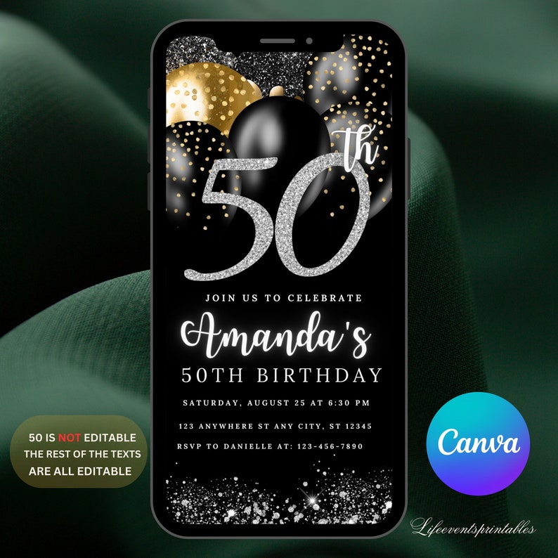 Editable 50th Birthday Invitation Template Fiftieth Black - Etsy
