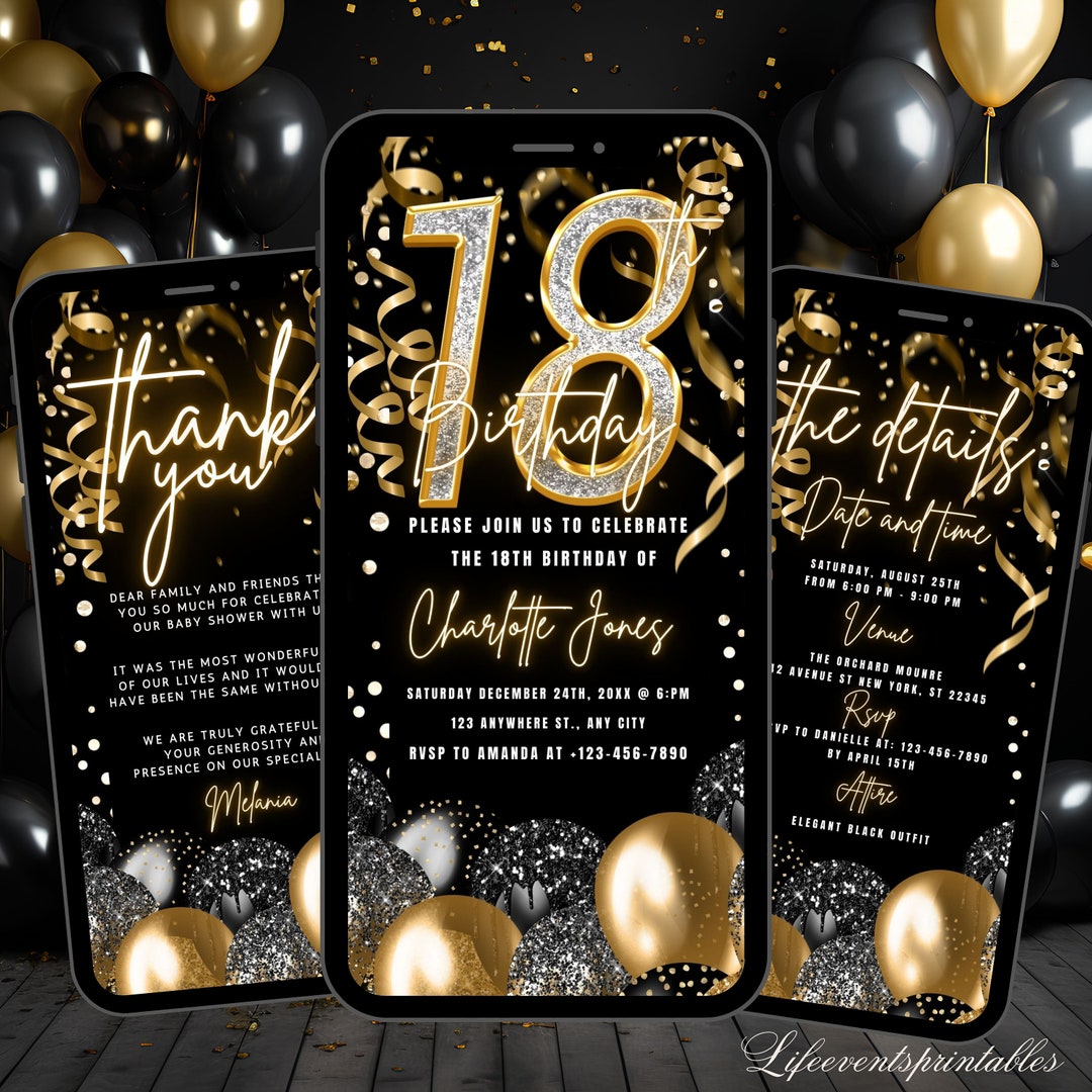 18TH Black Gold Birthday Invitation Template Animated, 18th Birthday ...
