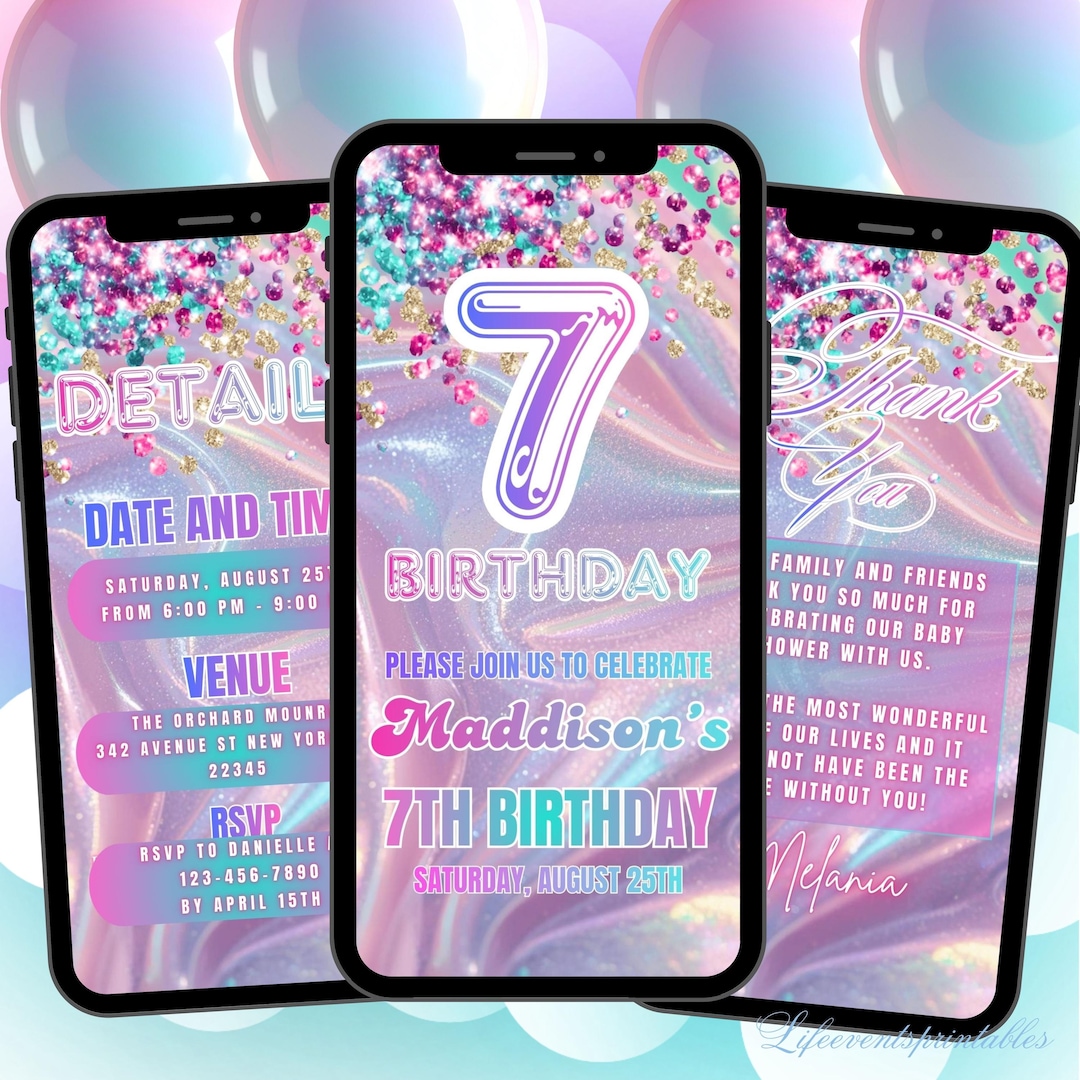 Digital 7th Birthday Invitation Template Animated Pastel Seven Year Old ...