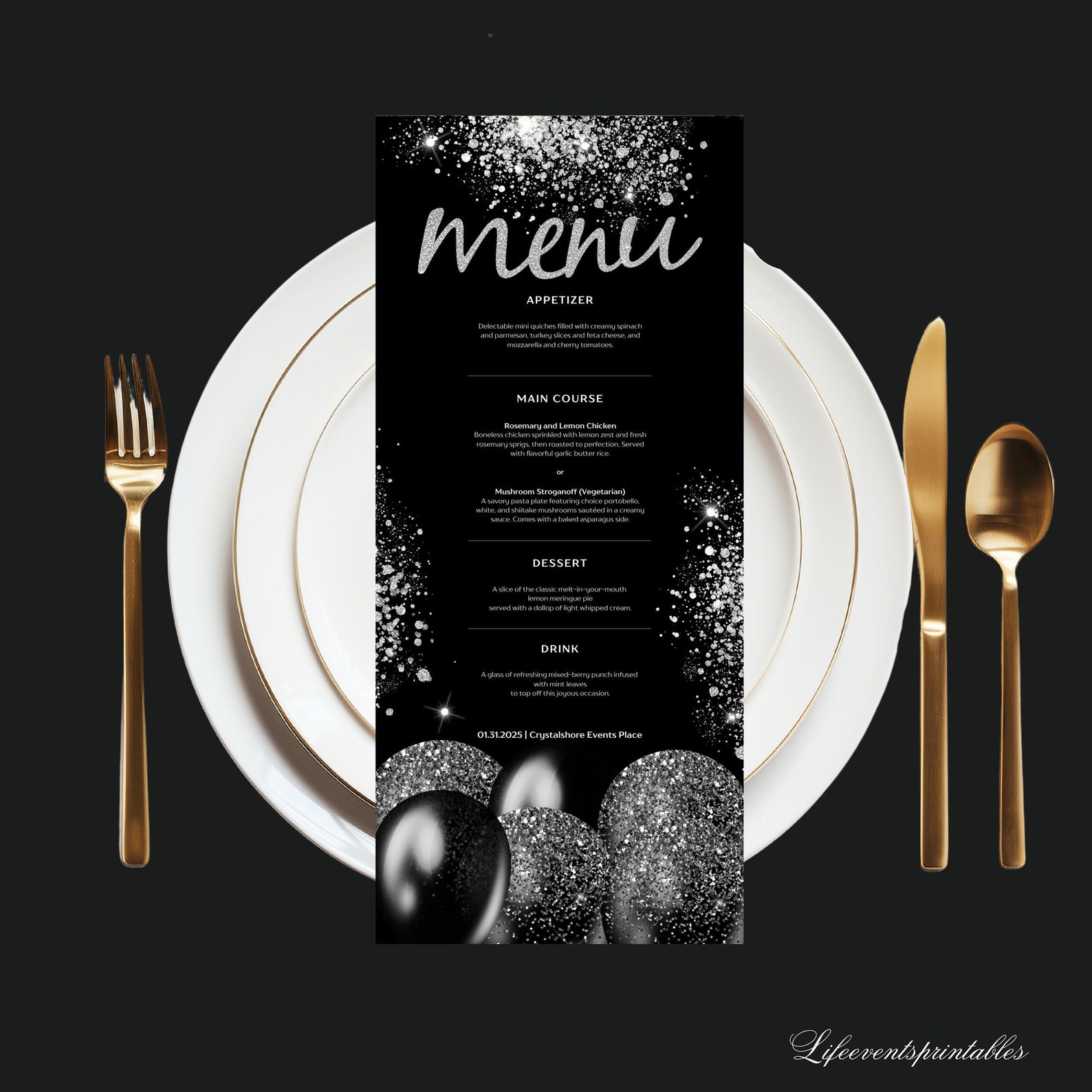 Black Balloon and Silver Menu Card Template, Editable Sparkle Menu ...