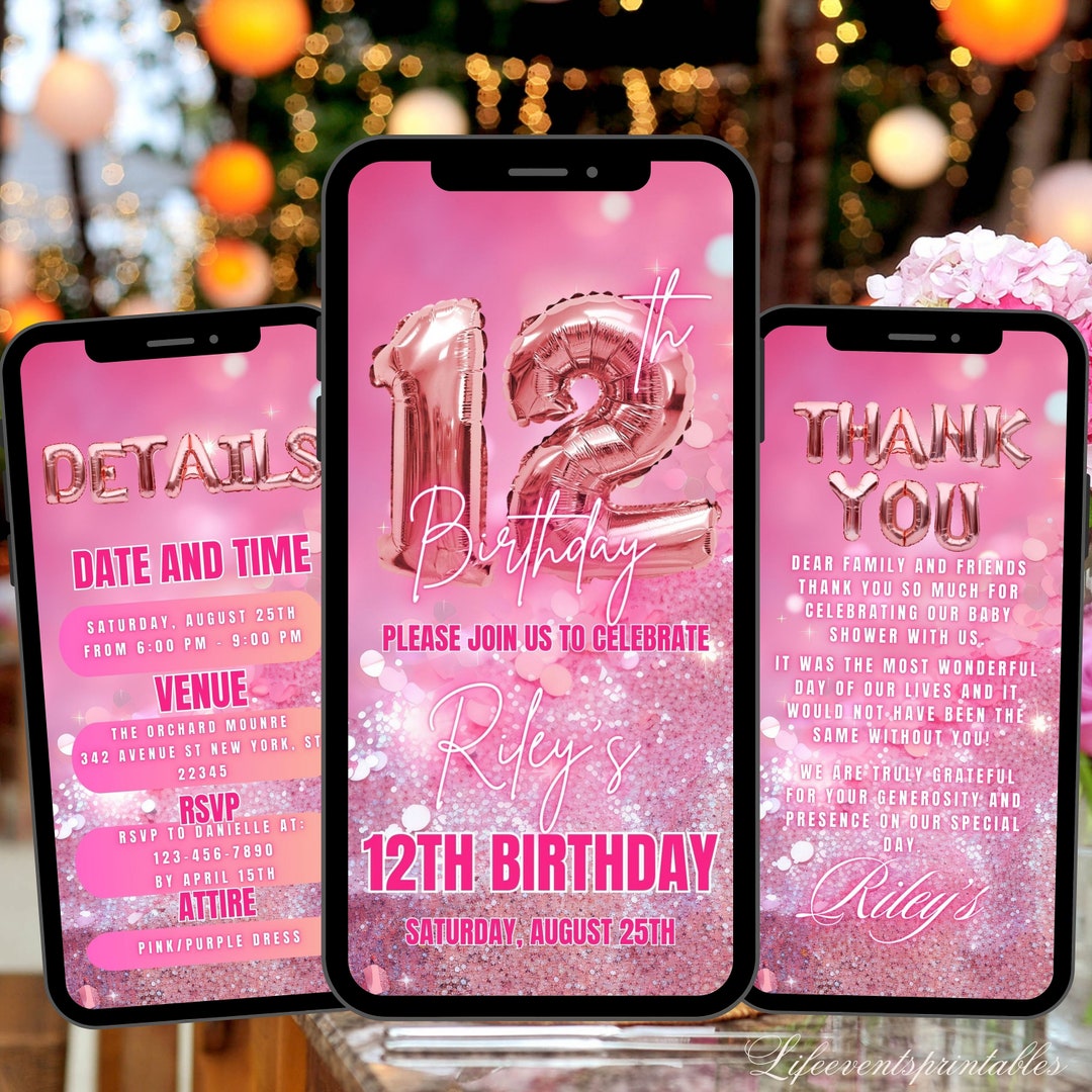 12TH Pink Birthday Invitation Editable Neon Pink Animated 12th Party ...