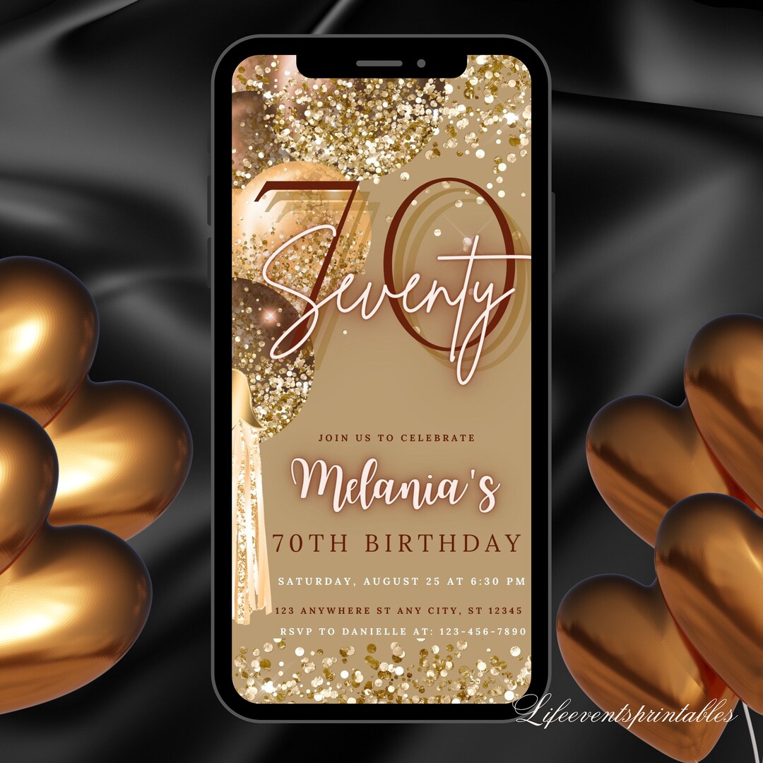 Digital 70th Birthday Invitation Template, Seventieth Brown Gold ...
