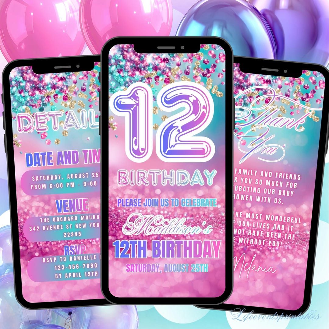 Digital 12th Birthday Invitation Template Animated Pastel Twelve Year ...