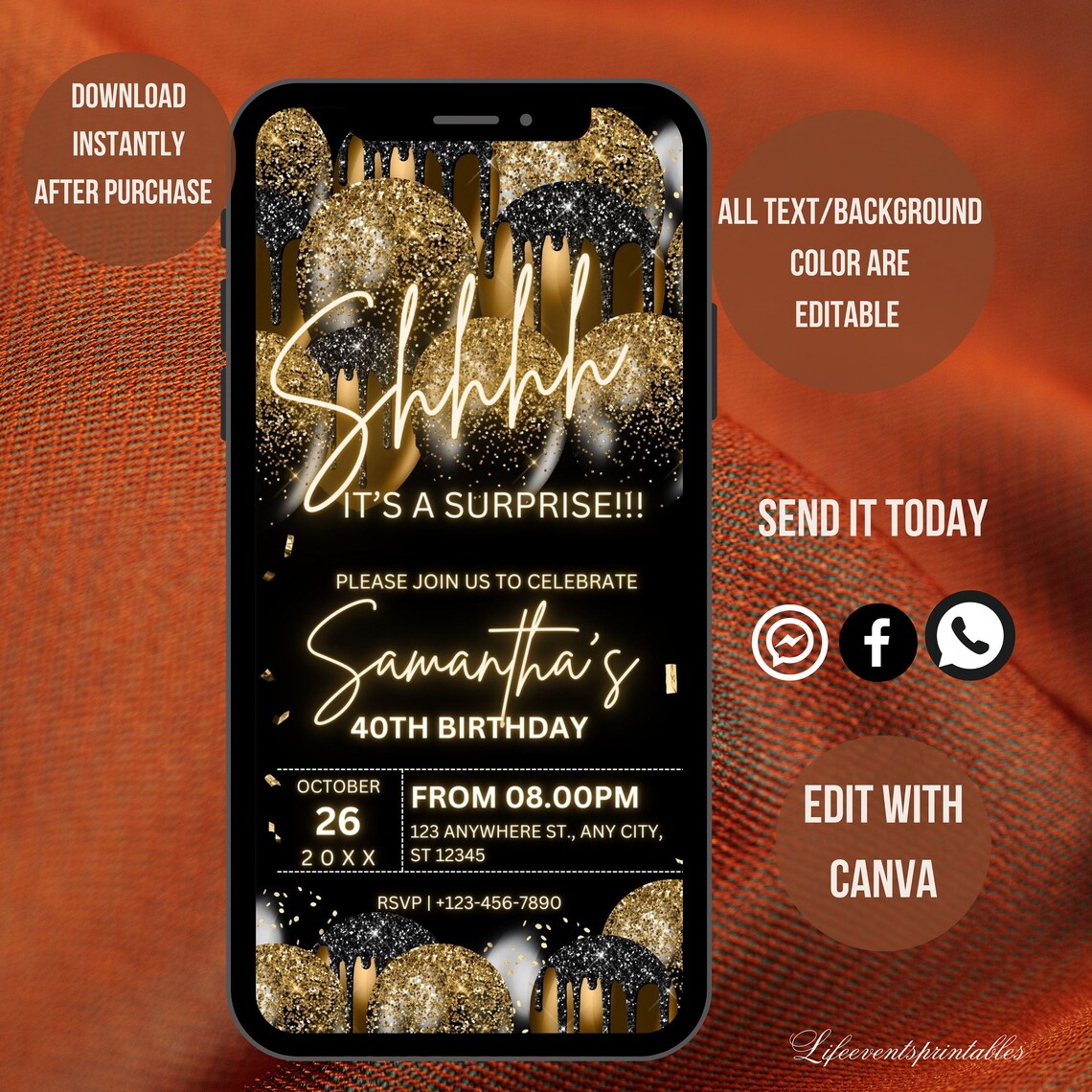 Black Gold Surprise Birthday Invite for Her, Surprise Neon Birthday ...