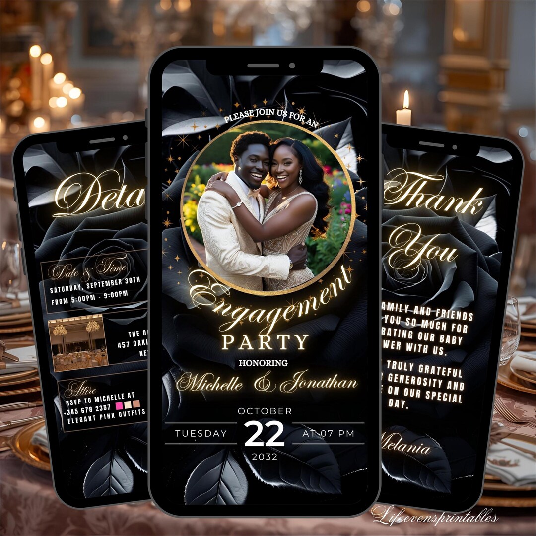 Digital Engagement Party Invitation Template Gold, Elegant Wedding ...