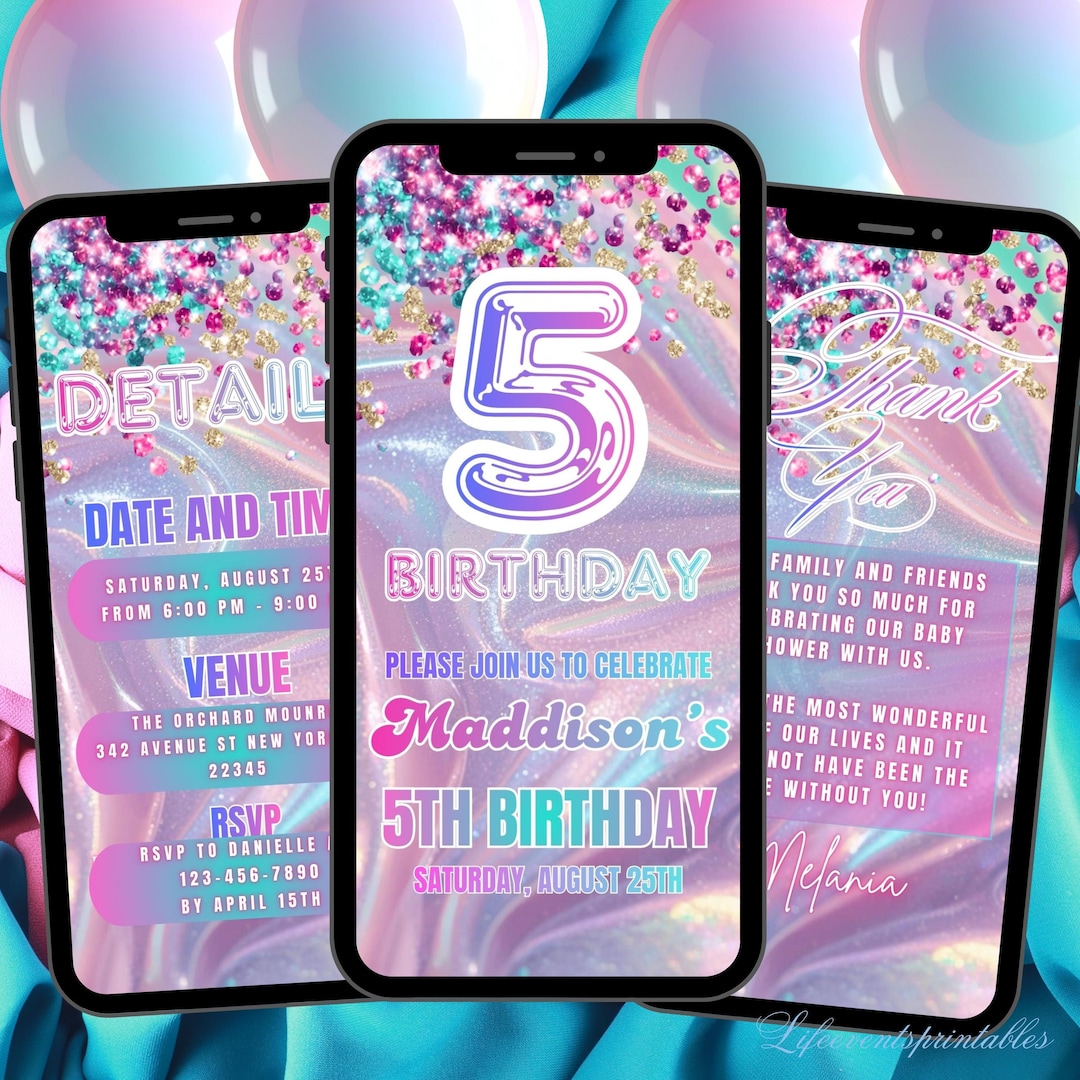 Digital 5th Birthday Invitation Template Animated Pastel Five Year Old ...