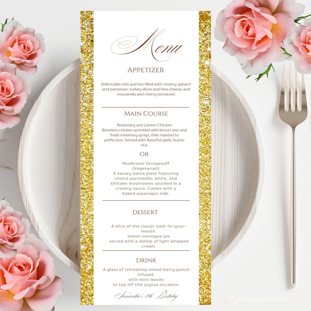 Editable White Gold Birthday Dinner Menu Card, Printable Gold Glitter ...
