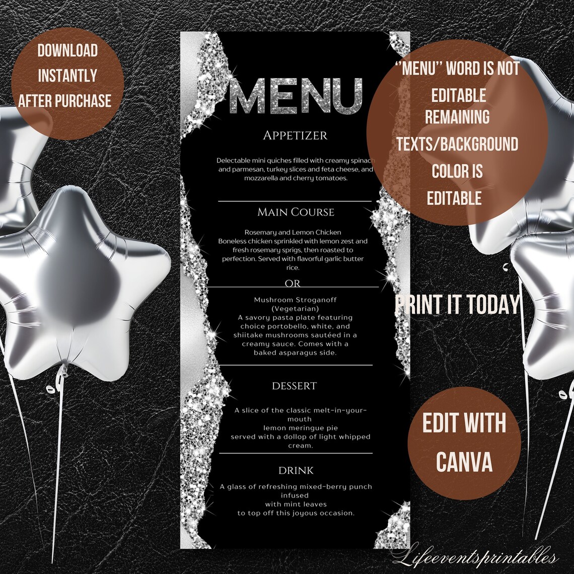 Black and Silver Menu Card Template, Editable Sparkle Menu Template ...