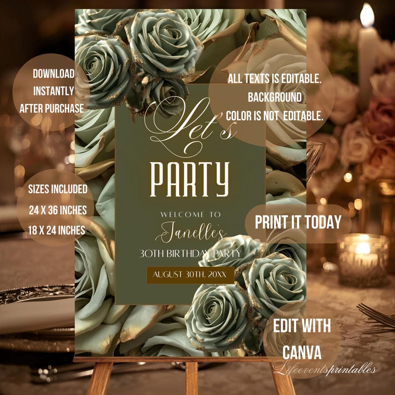 Floral Birthday Welcome Sign Welcome Poster Sage Green, Editable ...