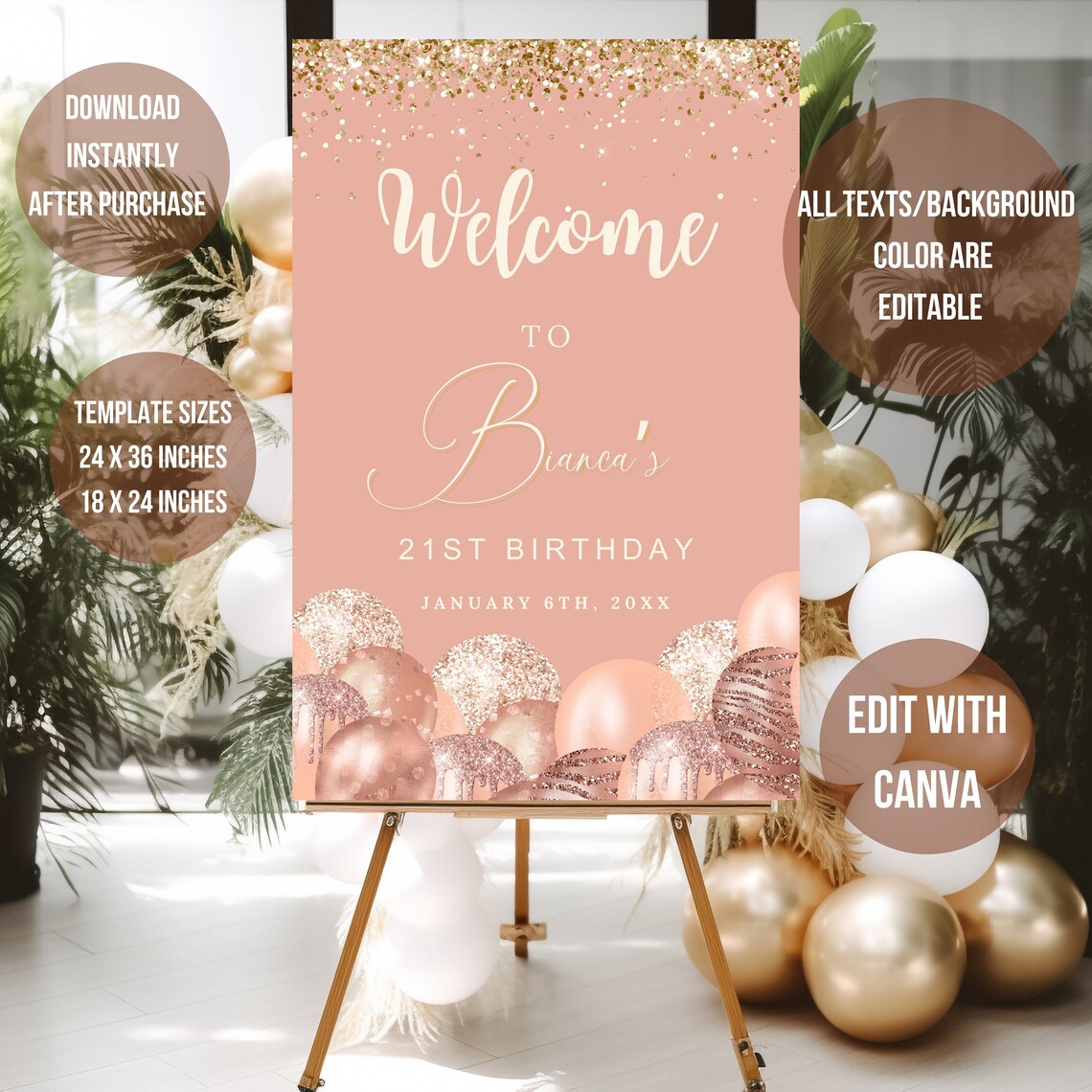 ANY AGE Birthday Welcome Sign Birthday Welcome Poster Rosegold and ...