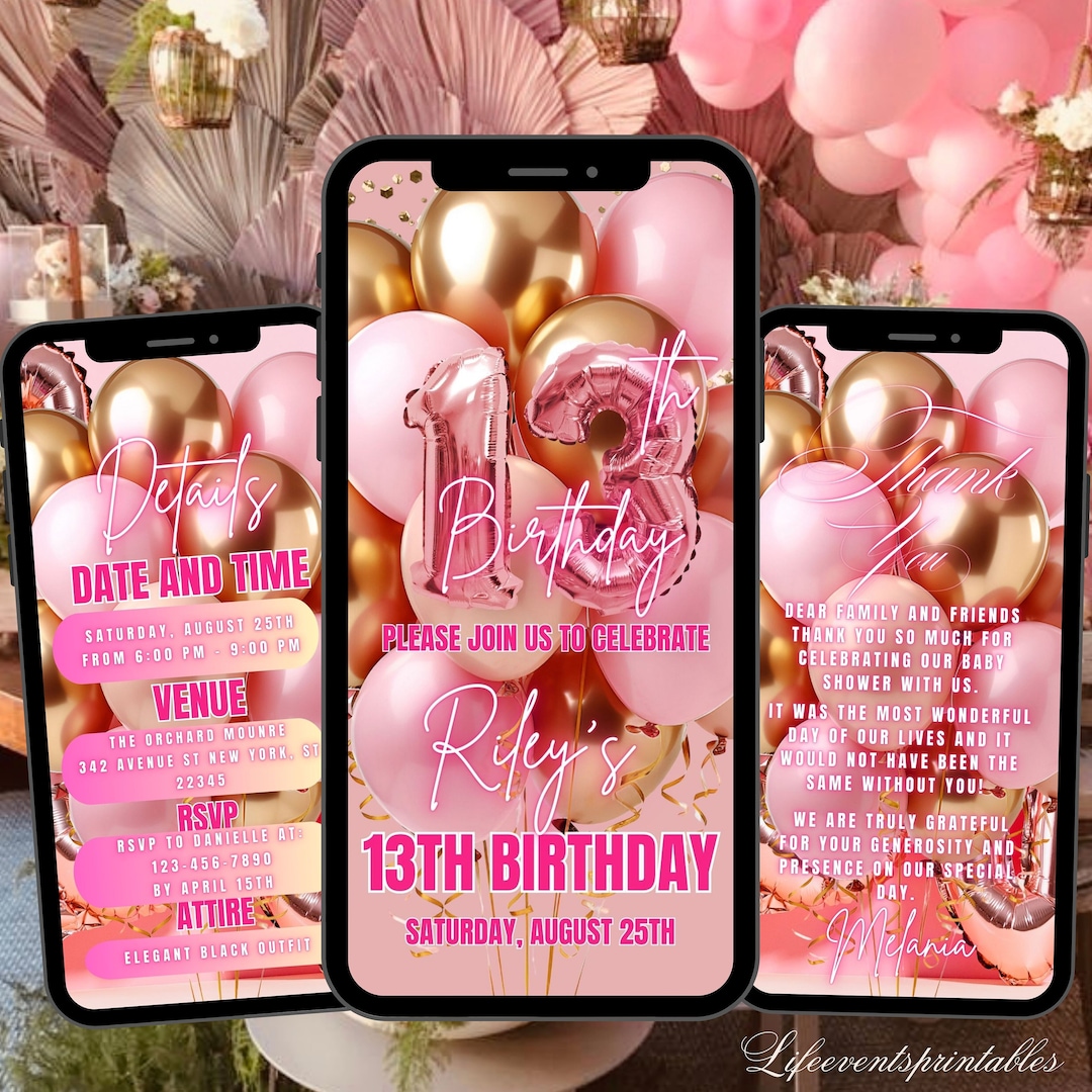 13TH Pink Birthday Invitation Editable Neon Pink Gold Animated 13th ...