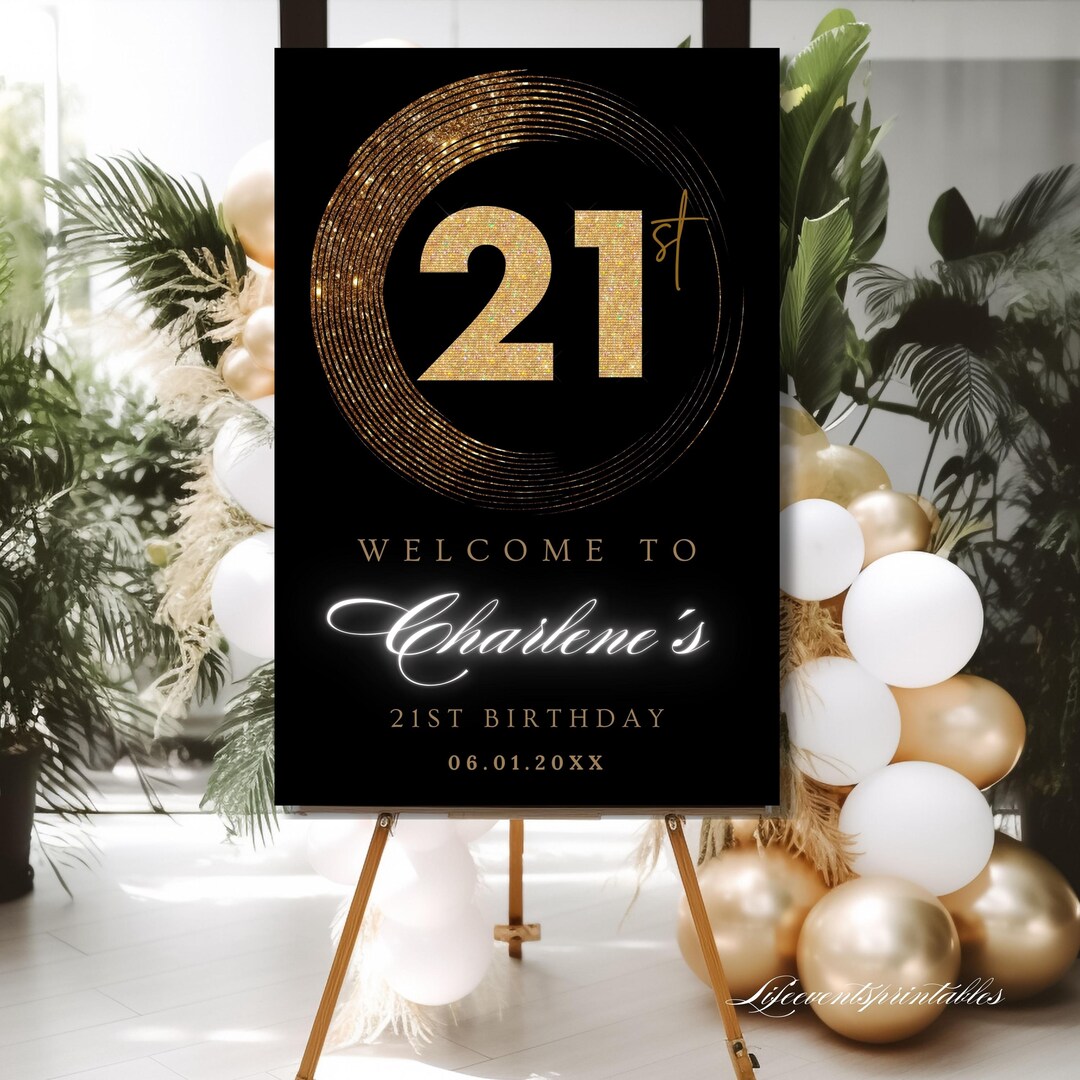 21ST Birthday Welcome Sign Template Welcome Poster Black Glittery ...