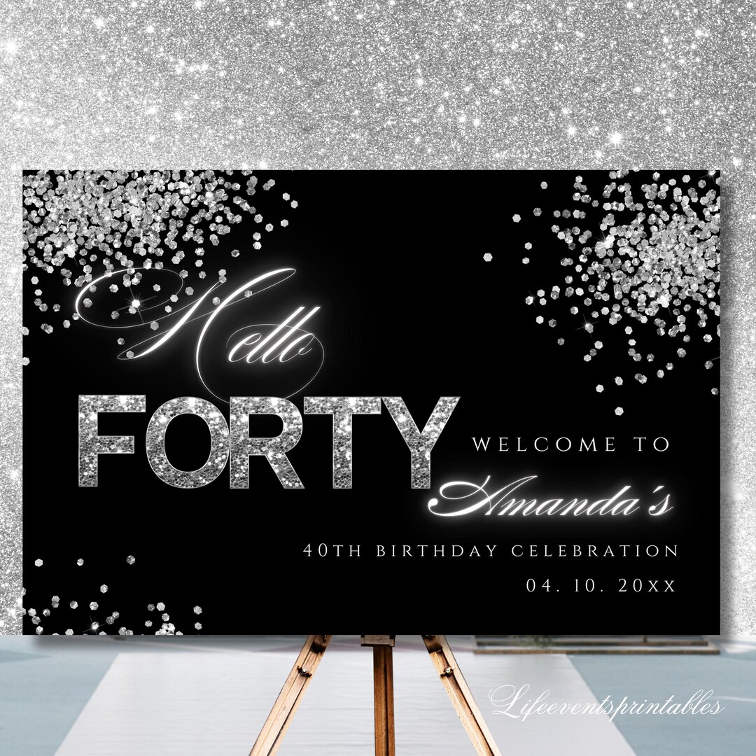 40TH Birthday Welcome Sign Template Silver Forty Welcome Poster Black ...