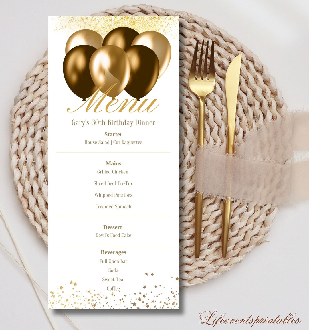 Printable Birthday Party Menu Template, Gold Balloon Printable Menu ...