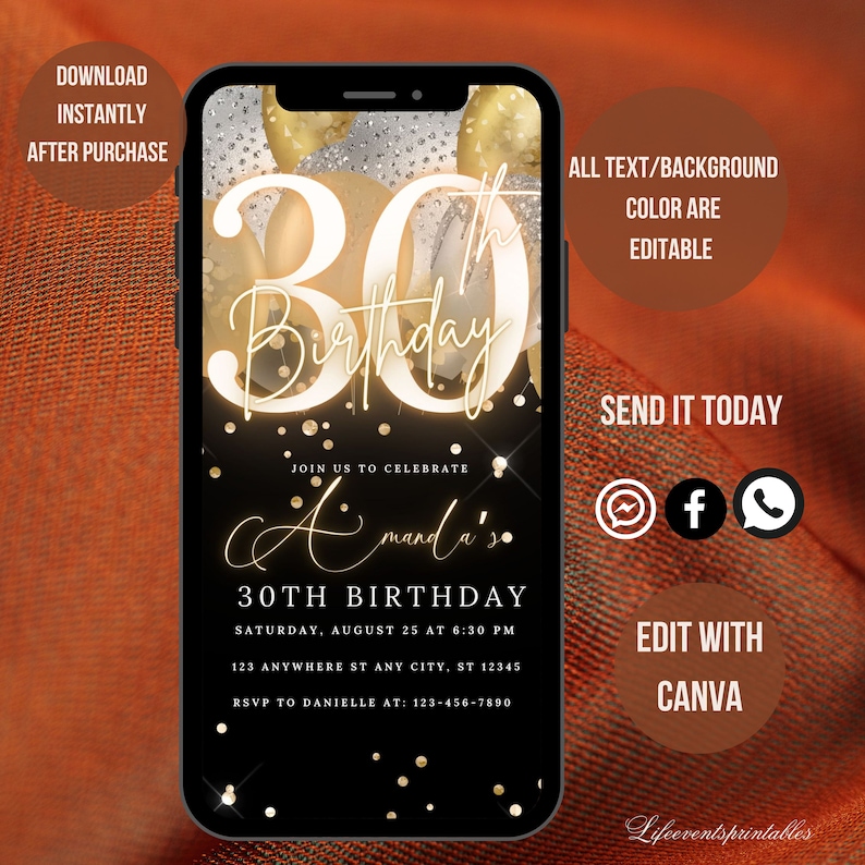 Digital 30th Birthday Invitation, 30th E-invite, 30th Birthday Evite ...
