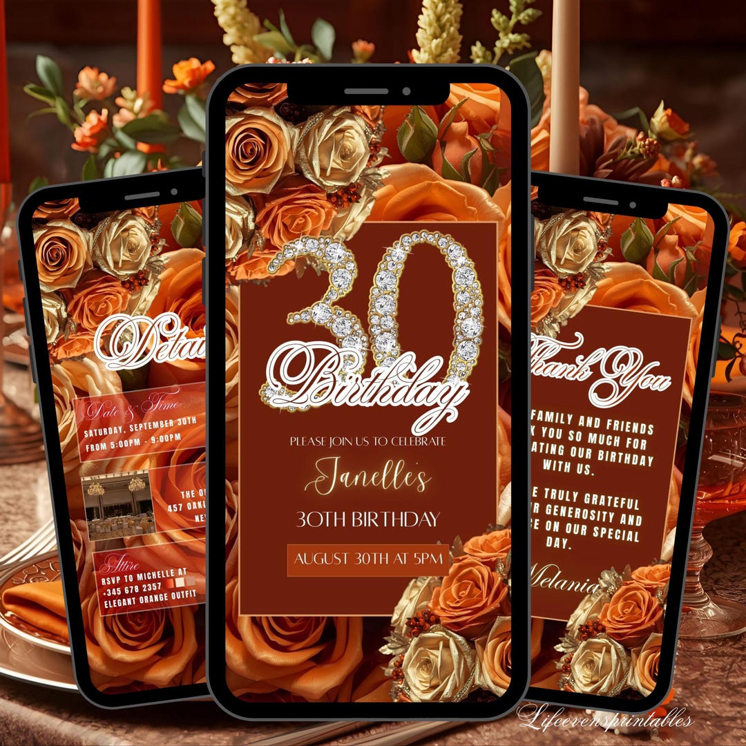 30TH Floral Birthday Invitation Template Orange, Thirtieth Digital Gold ...