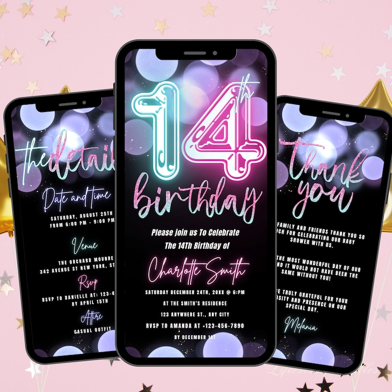 Digital 14th Birthday Invitation Template for Girls Neon Fourteenth ...