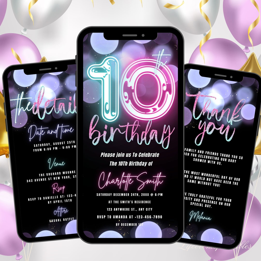 Digital 10th Birthday Invitation Template for Girls Neon Tenth Birthday ...