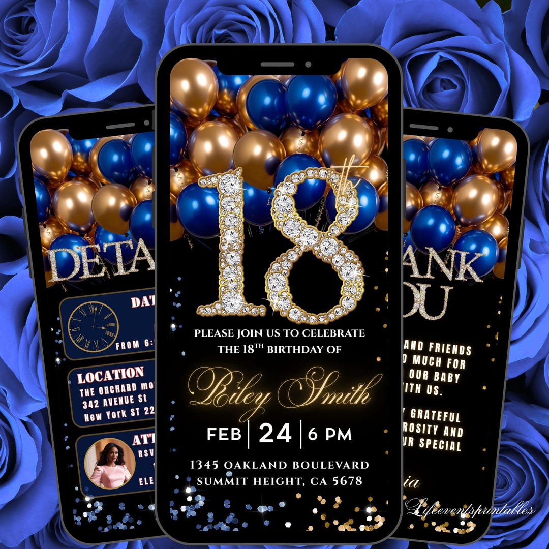 18TH Birthday Invitation Blue, Eighteenth Blue Balloon Gold Birthday ...