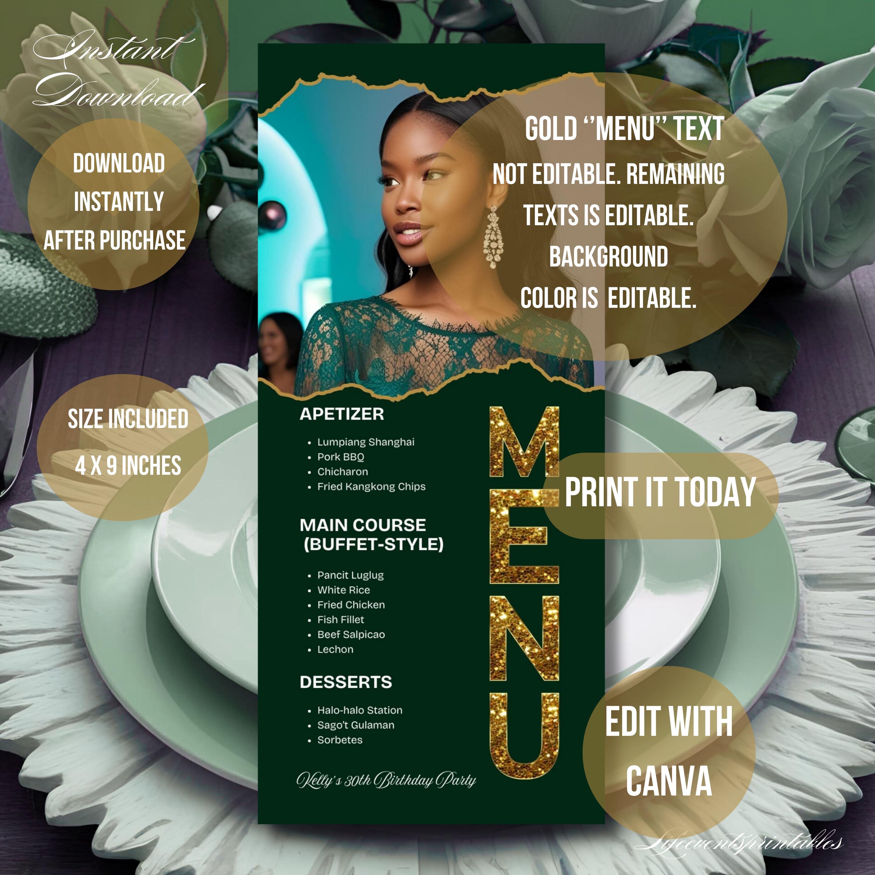 Editable Photo Birthday Menu Template Green Printable Birthday Dinner ...