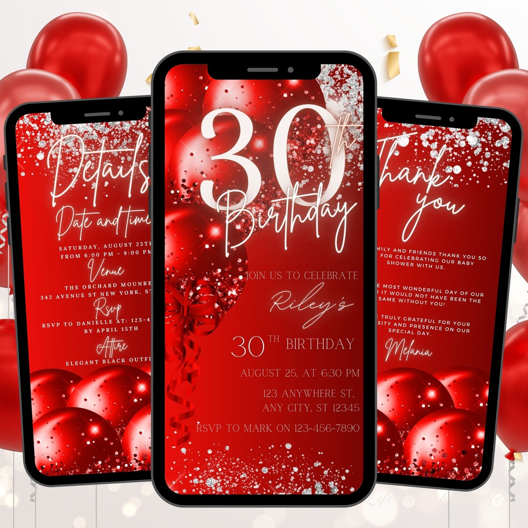 Digital 30TH Birthday Invitation Template RED Silver, Electronic ...