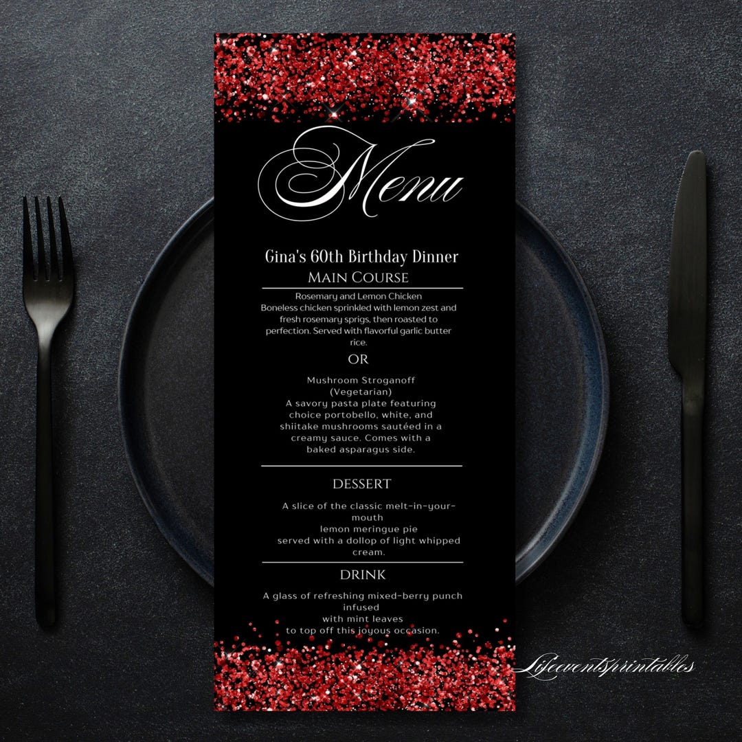 Printable Birthday Party Menu Template, Black Red Glitter Printable ...
